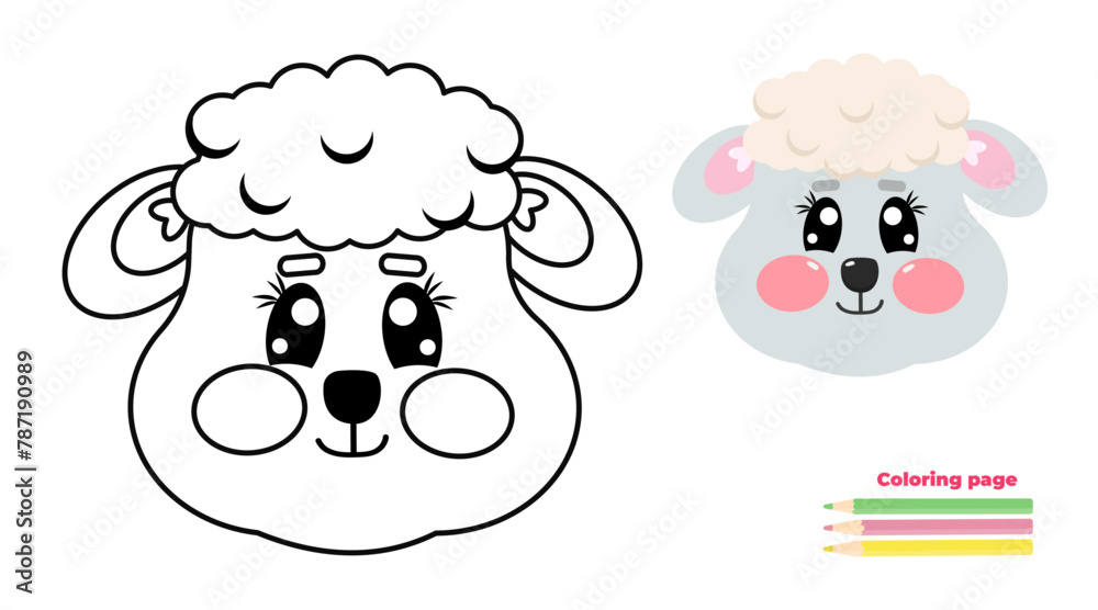 Cute outline kawaii lamb, ewe of face, head. Coloring page illustration ...