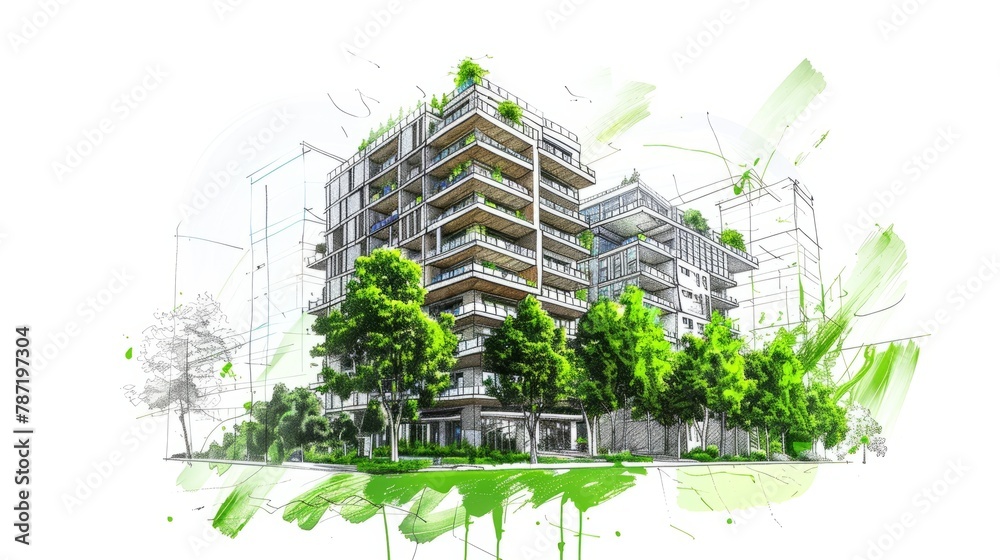 Sustainable development project sketch, green building and trees. Urban ...
