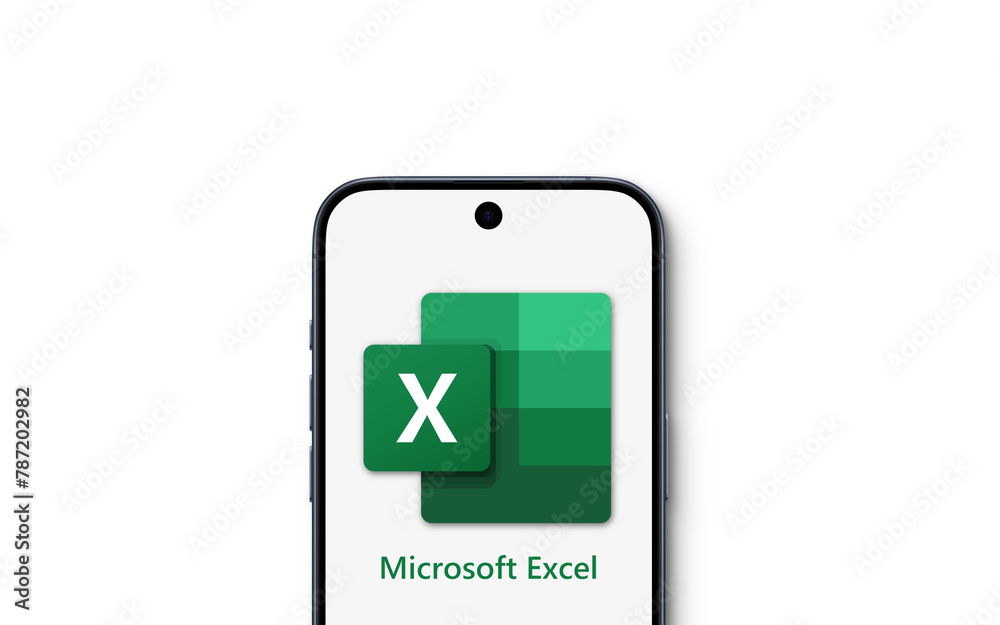 Microsoft Excel logo is displayed on a modern smartphone, spreadsheet ...