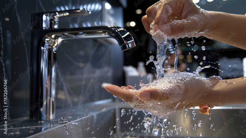 Highlight the reflections and shine of the stainless steel faucet as ...