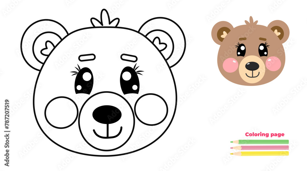 Cute outline bear face, head. Coloring page illustration for kids. Teddy bear animal in line ...