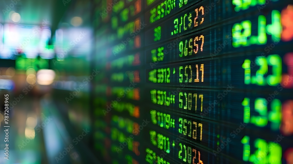 Stock market display board with green glowing numbers on blurred ...
