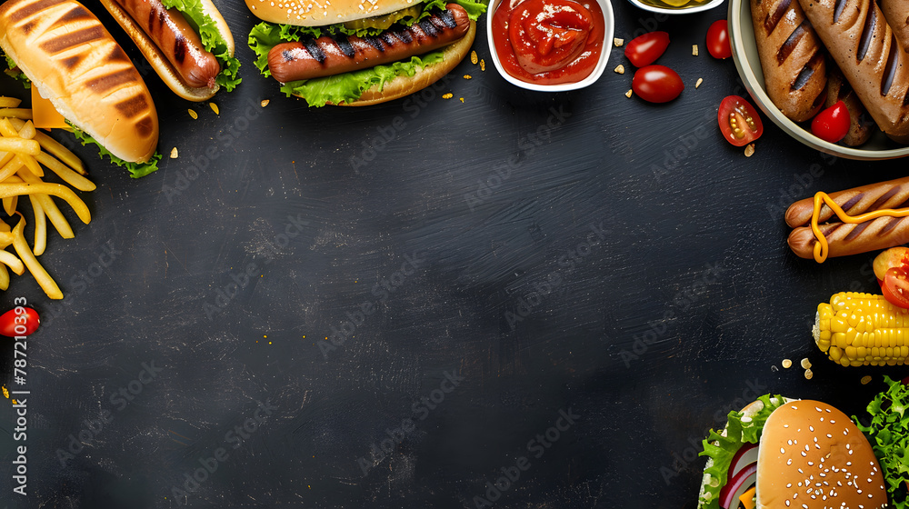 Summer BBQ food corner border with hot dog and hamburger buffet Top ...