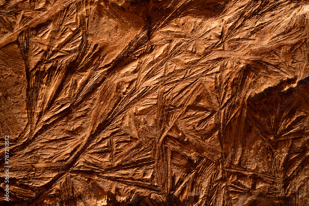 Frozen clay with large feather-like and finely branched ice crystal ...