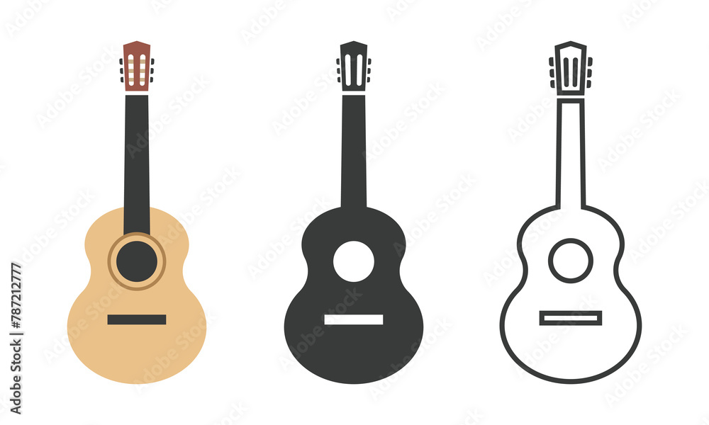 Classical guitar icon in different styles. Colored, black icon, and ...