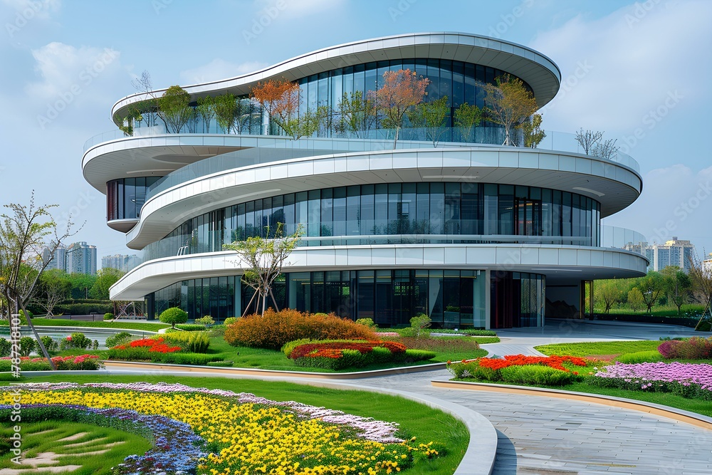 A circular building with a circular garden in front of it and a walkway ...
