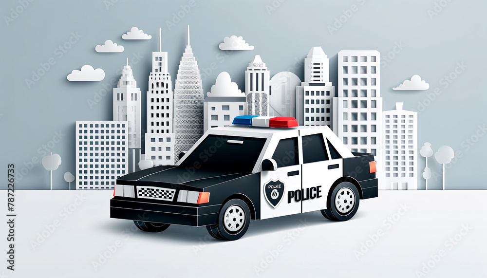 Stockillustratie Cut-out paper model of a police car with cityscape ...