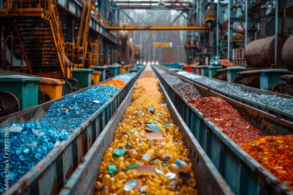 Industrial railroad carts filled with sorted recyclable materials in a ...