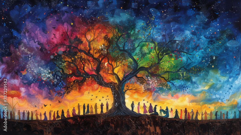 Stylized vibrant painting of a tree with roots and branches forming ...