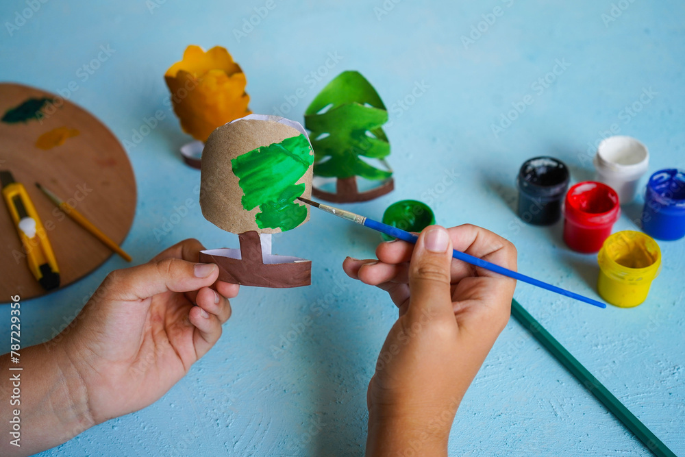 Kids craft trees out of recycling toilet paper roll, zero waste concept ...