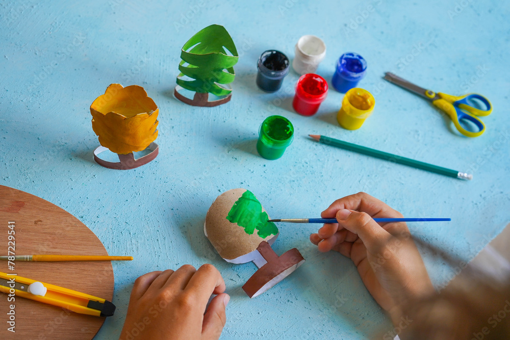 Kids craft trees out of recycling toilet paper roll, zero waste concept ...