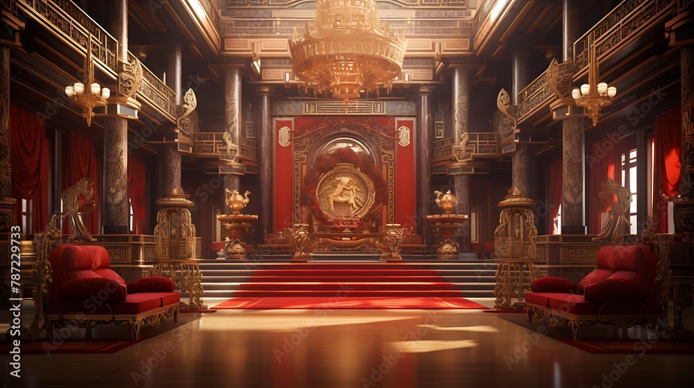 Imperial Chinese Palace Hall: a resplendent palace hall with crimson ...