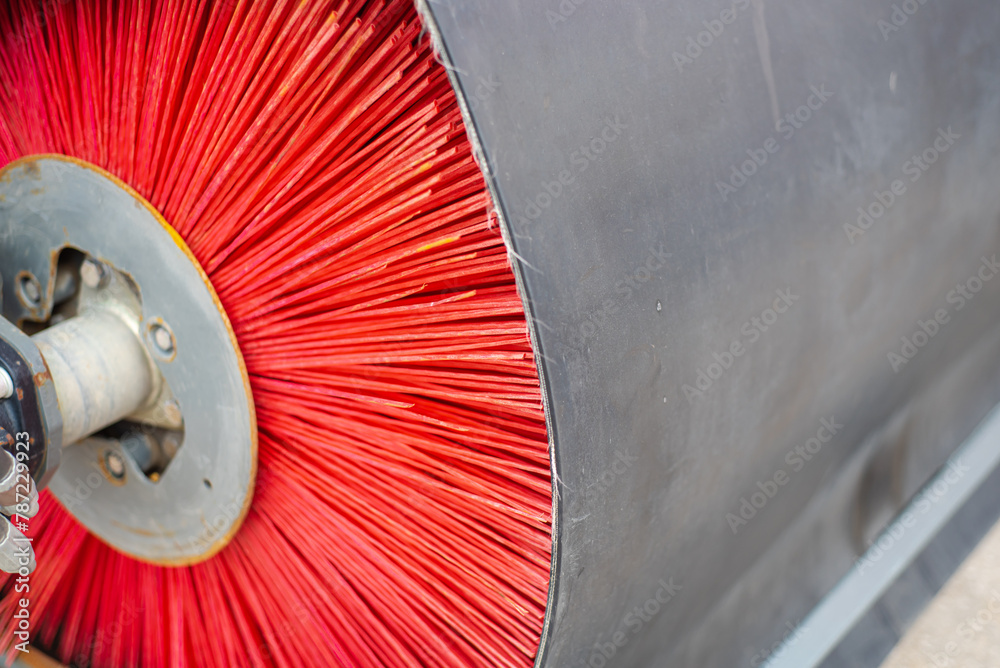 Close-up main broom brushes extension of road sweeper truck made of ...