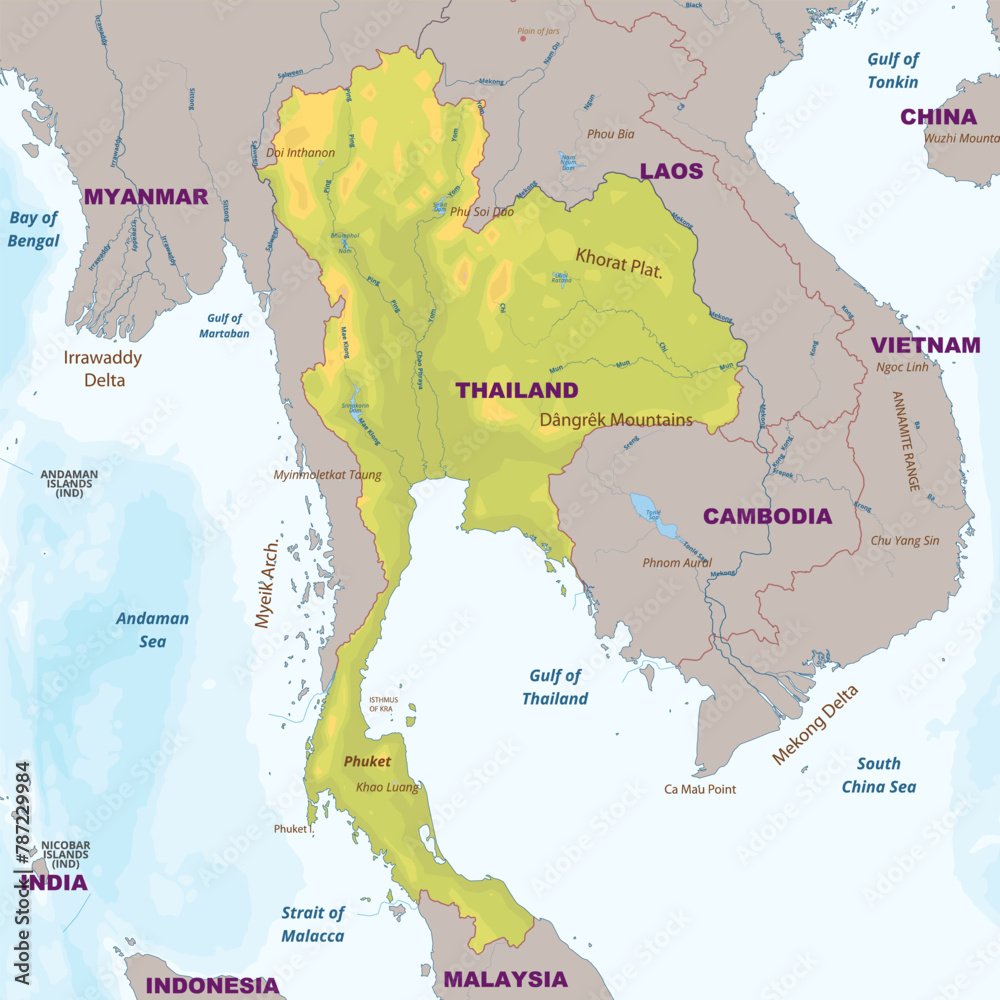 Physical map of Thailand vector illustration Stock Vector | Adobe Stock