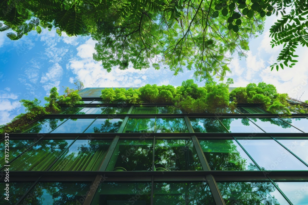 green glass office building sustainable, eco-friendly modern city, tree ...