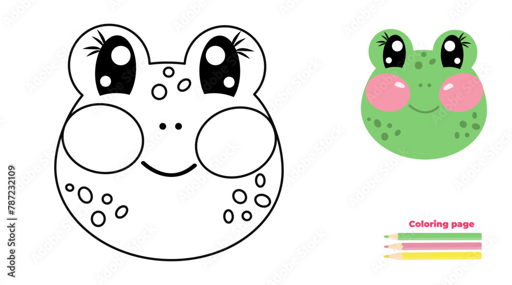 Cute outline frog face, head. Coloring page illustration for kids. Frogs animal in line drawing ...