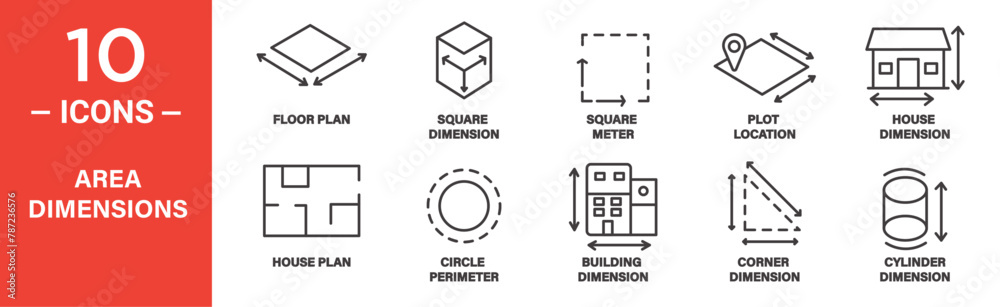 Area dimensions related vector icon set. includes square dimension ...