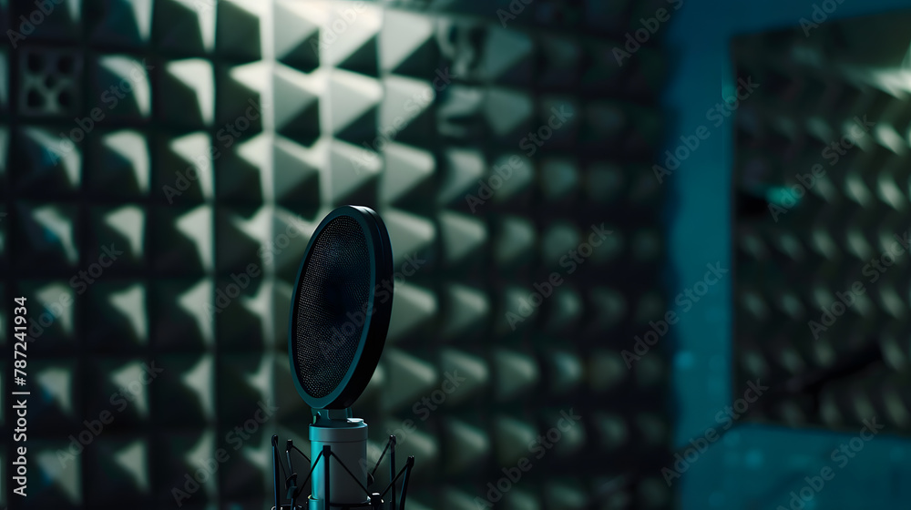 Professional microphone with pop shield on the stand Recording studio ...