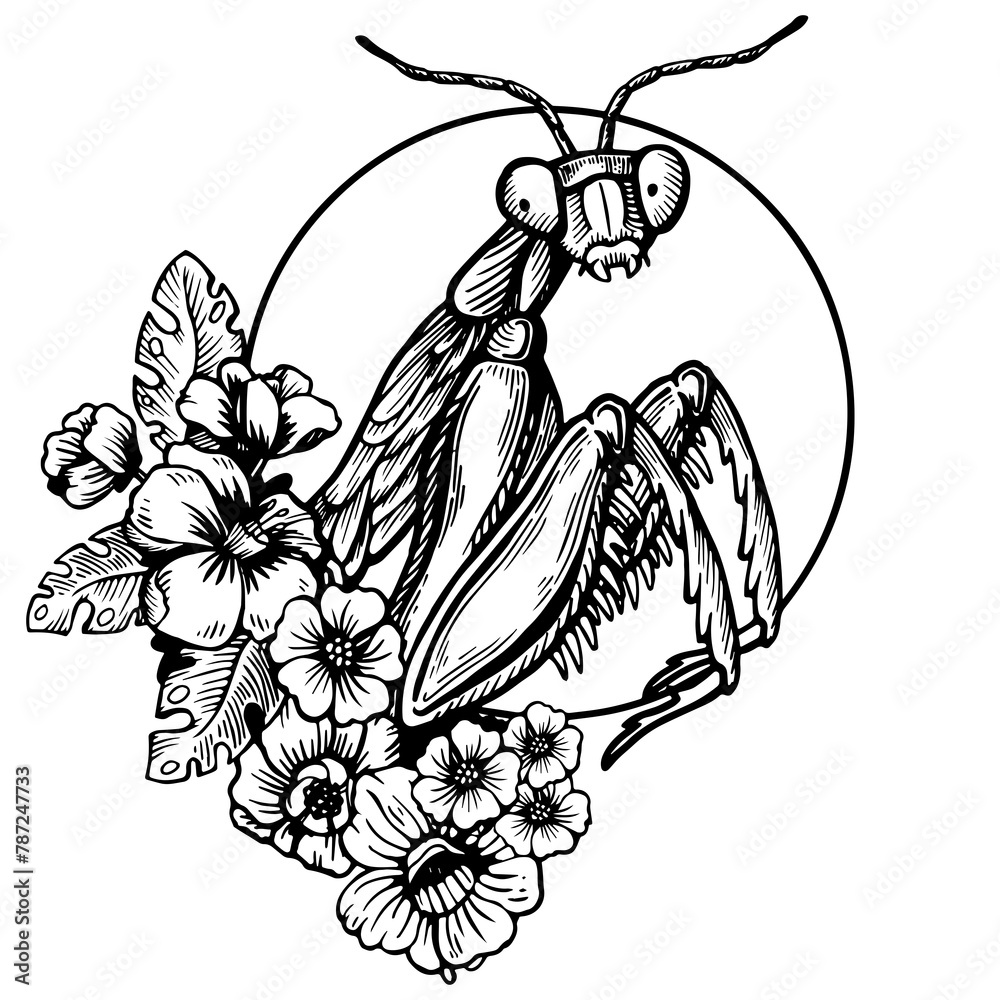 Mantis insect engraving PNG illustration. Scratch board style imitation ...