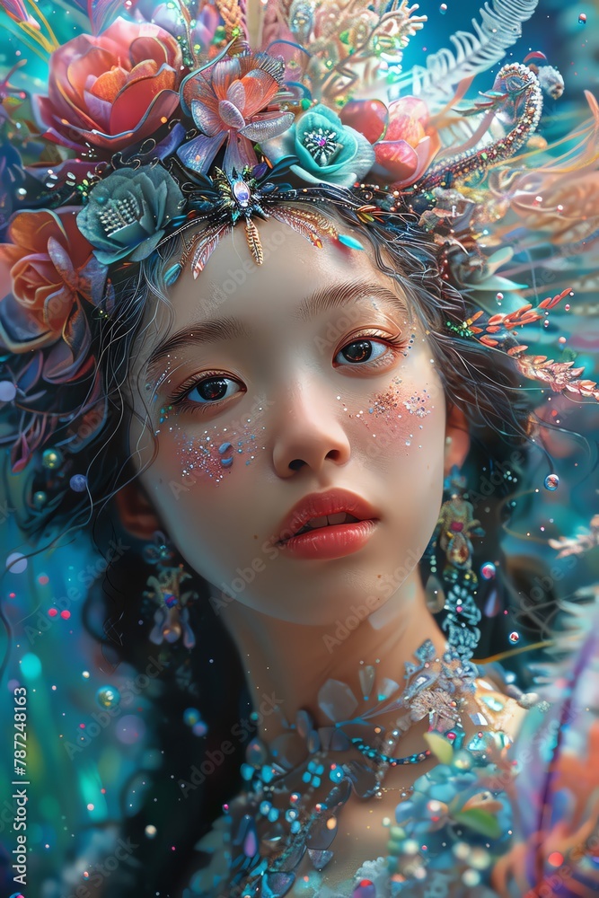 Capture a cosmic ballet of mythical creatures in a surrealistic oil ...