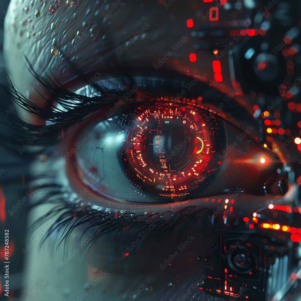 Craft a macabre depiction of futuristic technologies at eye level ...