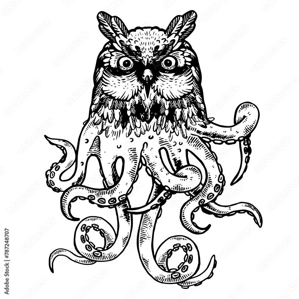 Fantastic fabulous owl octopus animal engraving PNG illustration ...