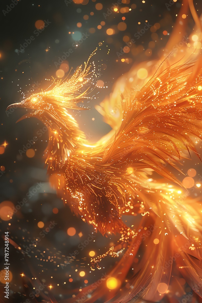 Craft an ethereal phoenix harmonizing with holographic drones ...