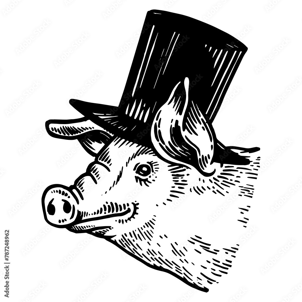 Pig animal in cylinder top hat engraving PNG illustration. Scratch ...