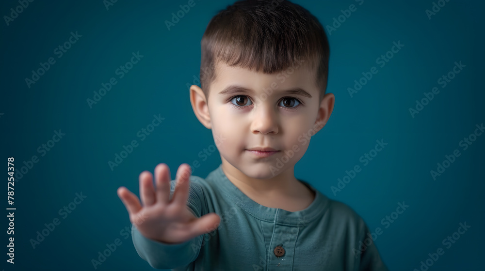 child boy showing five fingers on blue background copy space portrait ...