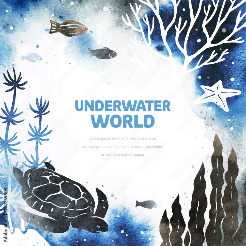 Vector template with turtle, fish, starfish and seaweed on white ...