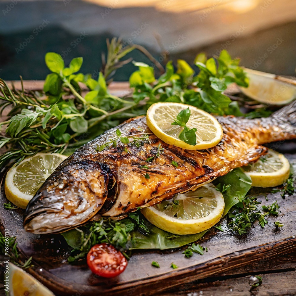 a perfectly grilled fish served on a rustic wooden table. The golden ...