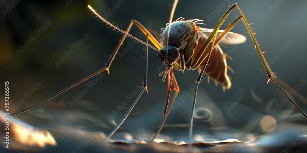 This detailed close-up shows a mosquito in a blurred natural background ...