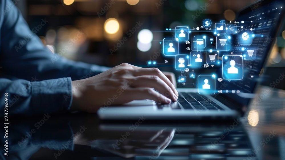 Social media and Marketing virtual icons screen concept. close-up of a ...