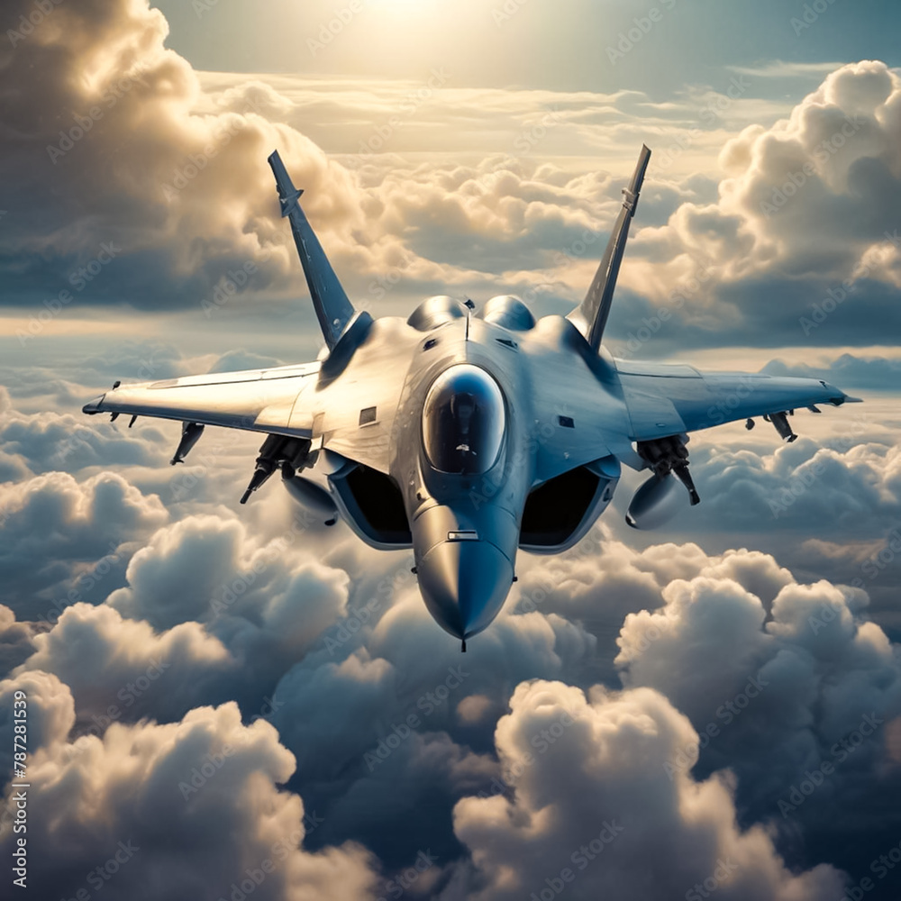 Military combat aircraft flying beautifully above the clouds. The ...