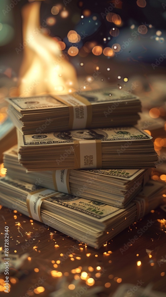 Stacks of hundred dollar bills tied as a bomb, wick ablaze, ticking ...