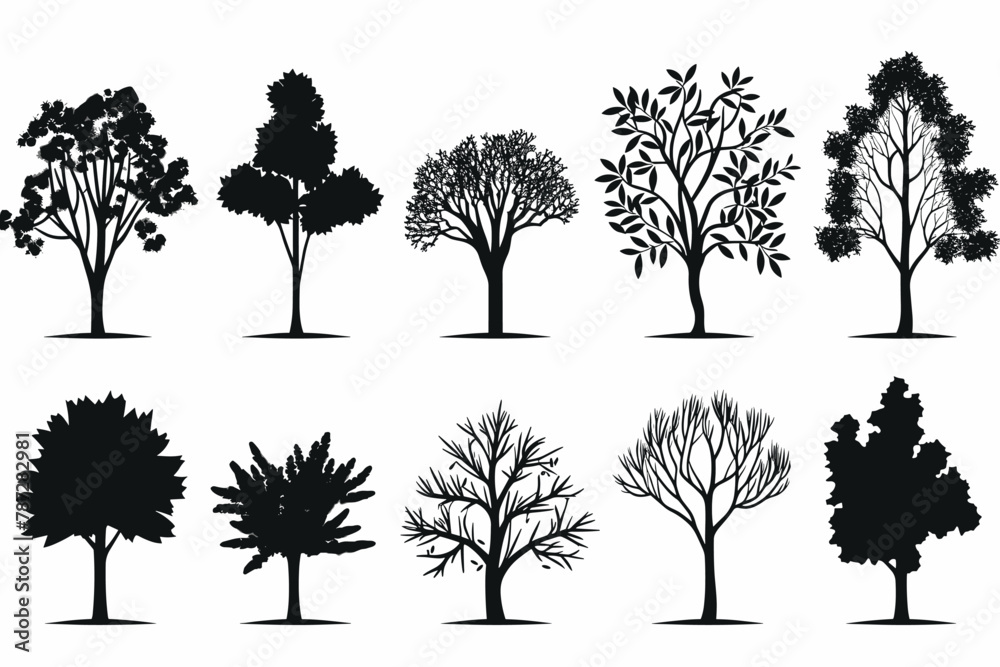 Silhouette tree set. Side view, set of graphic trees elements outline ...