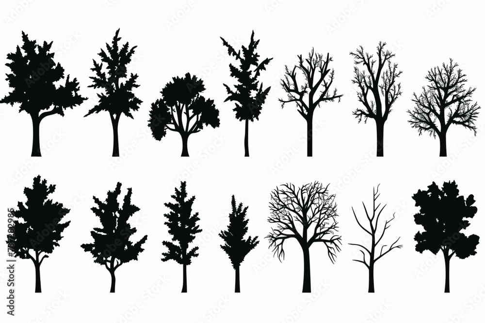 Silhouette tree set. Side view, set of graphic trees elements outline ...