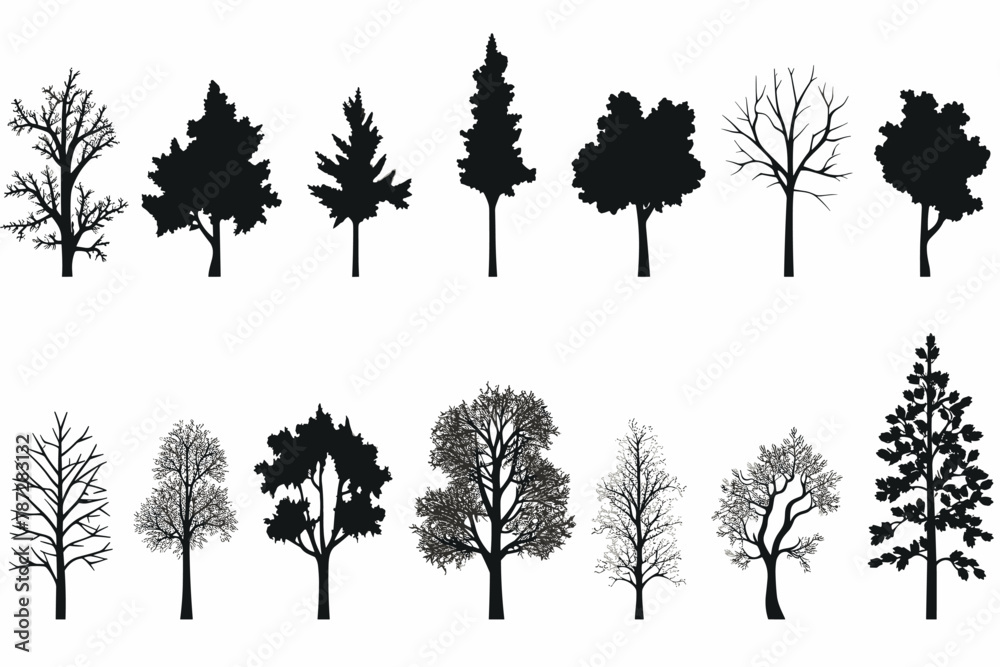 Silhouette tree set. Side view, set of graphic trees elements outline ...