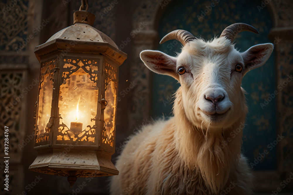 Eid al adha background with pictures of goat with islamic lantern Eid ...