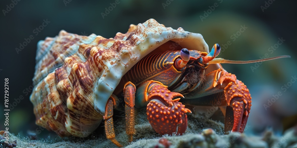 This detailed macro shot captures a hermit crab peeking out of its ...