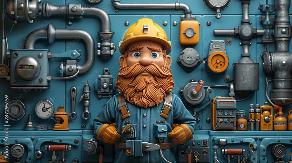 Cartoon bearded plumber fixing a leak, toolkit and pipes background ...