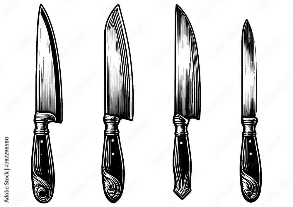 set of four chef knives with varying blade shapes and handle designs ...