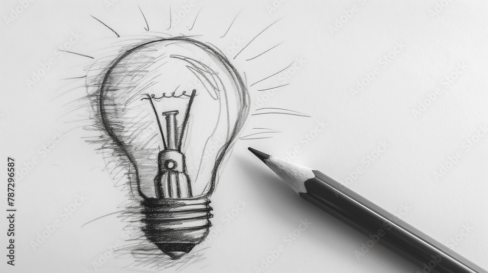 Simple pencil line drawing of a lightbulb with a pencil. Creativity ...