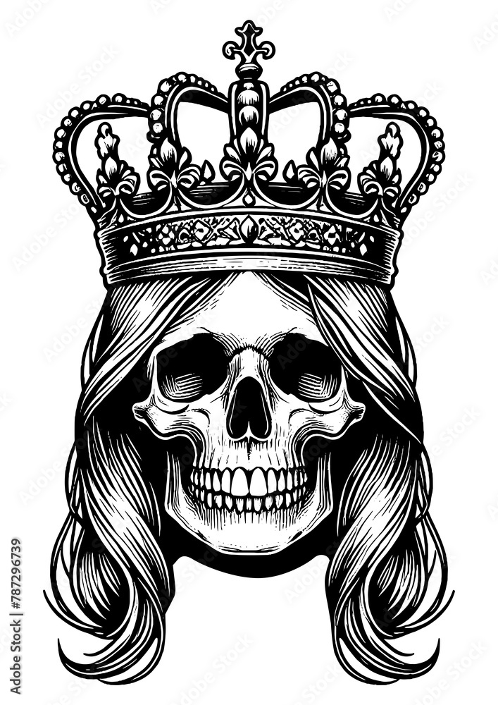 human skull crowned with a regal tiara and framed by flowing hair ...