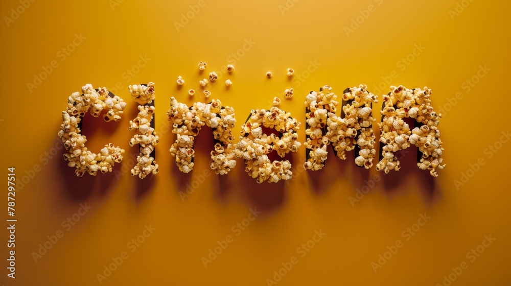 popcorn word made with popcorn and popcorn kernels on a yellow ...