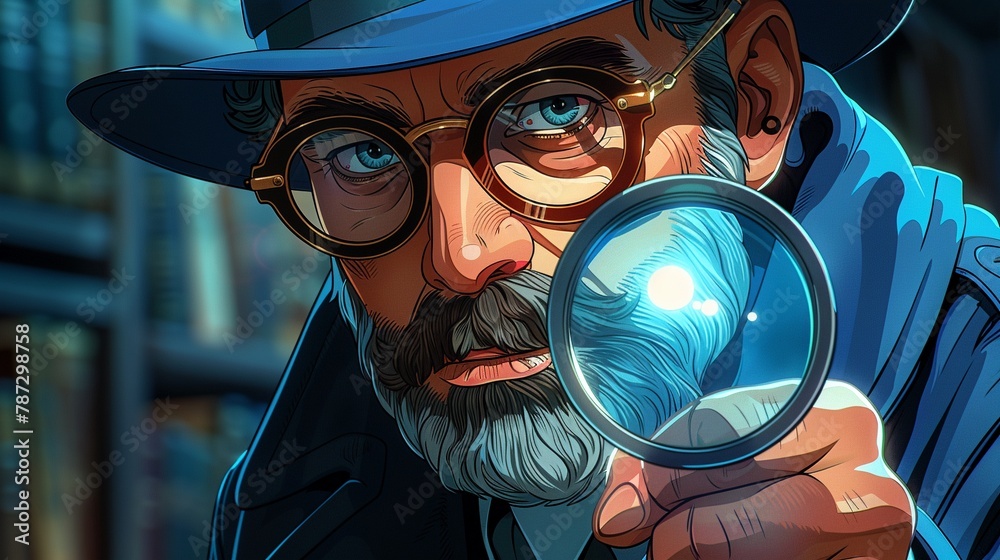 Cartoon bearded detective solving a mystery, intriguing case files ...
