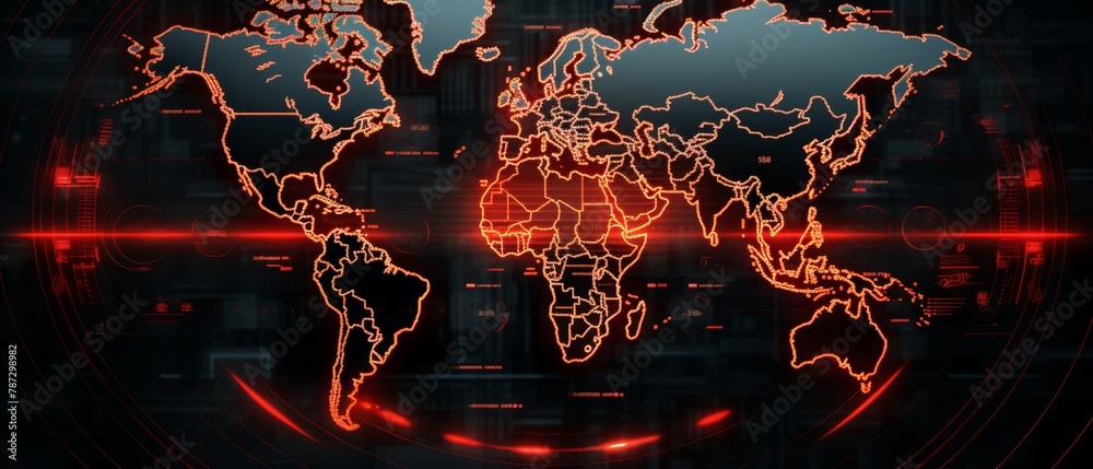 Animated world map with pulsing cybersecurity threats, flat, radar ...