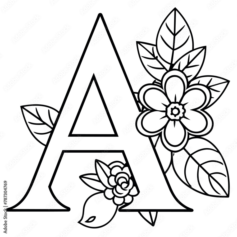 Alphabet A coloring page with the flower, A letter digital outline ...