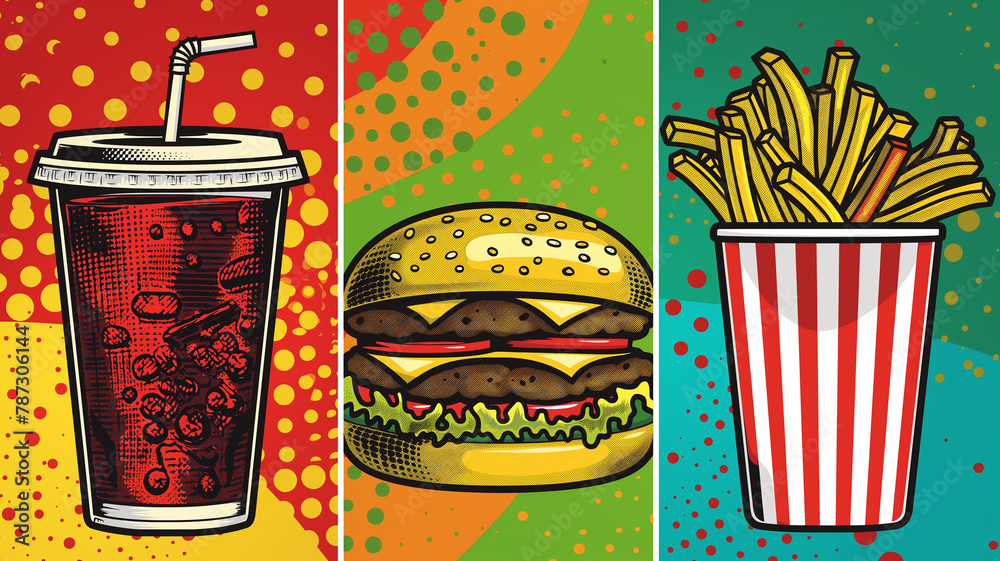 3 panel wall art, Wow pop art fast food compositions. Pop art poster ...