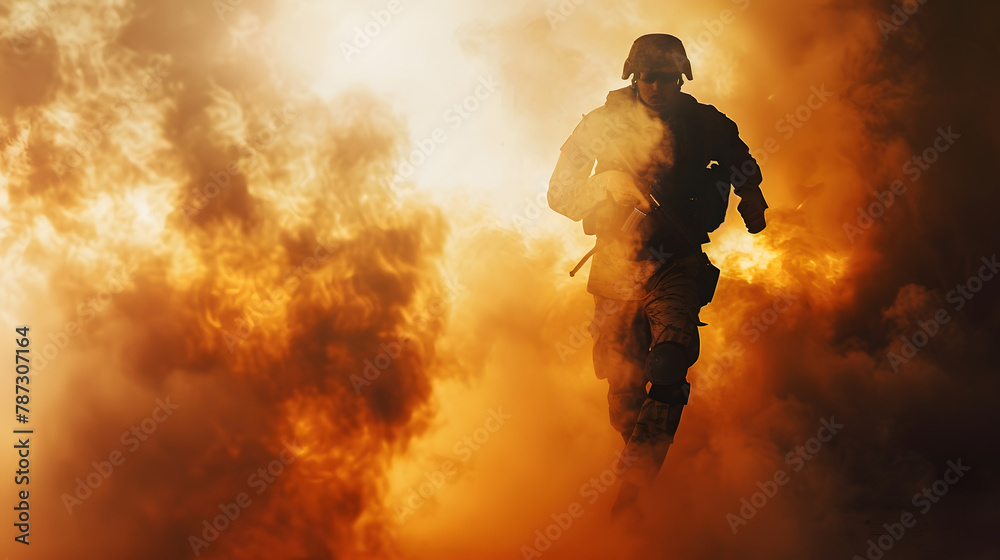 Man soldier and run in explosion with battle smoke or fire in overlay ...